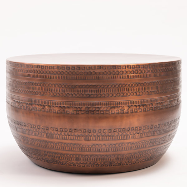 Gracie Oaks Modern Round Aluminum Hammered Texturing Metal Drum Coffee Table, Hand-Stamped Iron ...